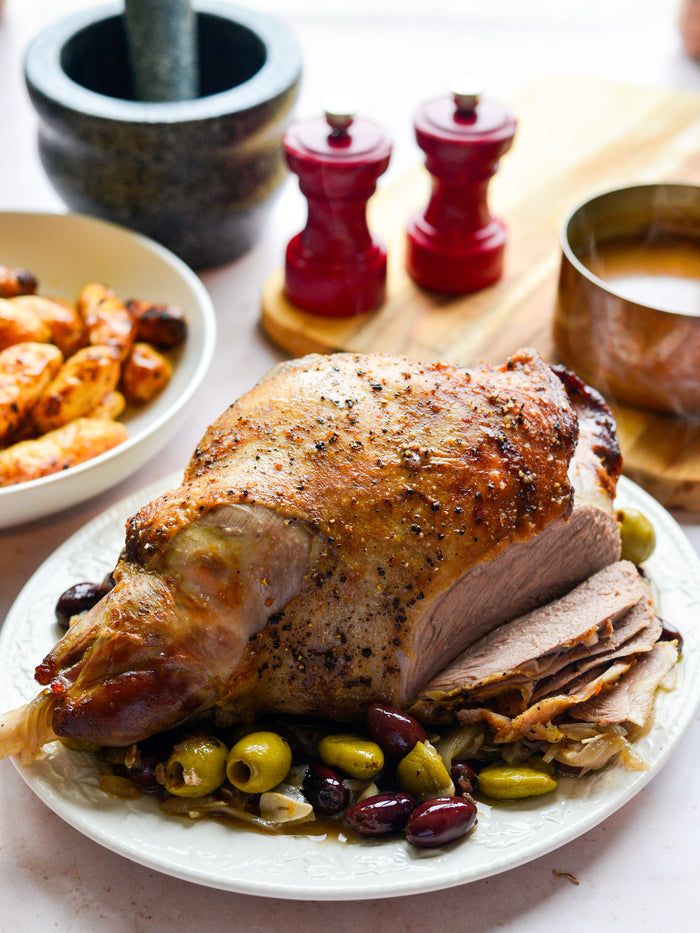 Mediterranean lamb roast with roasted anya potatoes